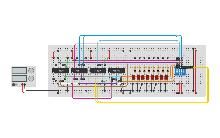 Circuit design 3:8 DECODER using 74HC11 - Tinkercad