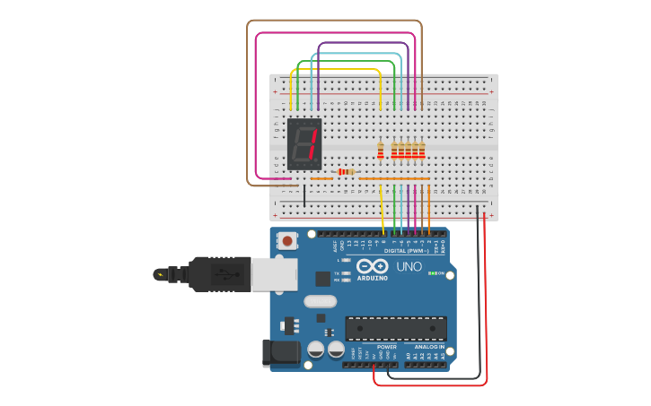 Circuit design Ch2.2-1 Seven Segment (Array 0-9) for loop | Tinkercad