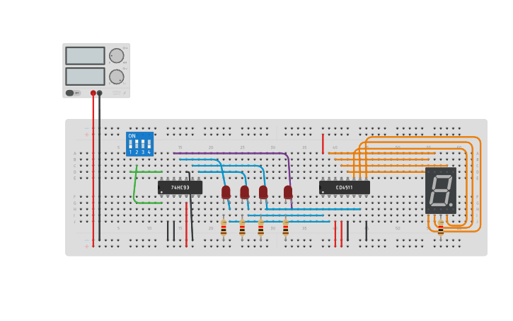 Circuit design 7493 Mod 2 and Mod 8 Binary counter - Tinkercad