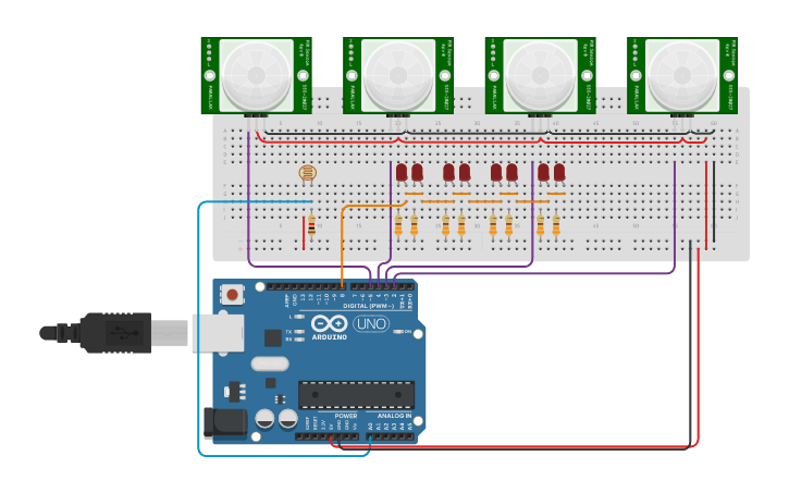 Circuit design Encendido de Luces por Detección de Movimiento | Tinkercad