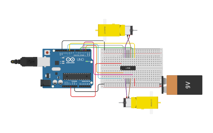 Circuit design Prática 6 - L293D com dois motores | Tinkercad