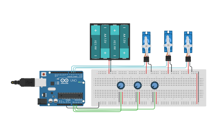 Circuit design Práctica 02: Tres Servomotores en movimiento - Tinkercad