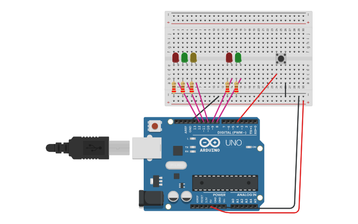 Circuit design semaforo con pulsador - Tinkercad