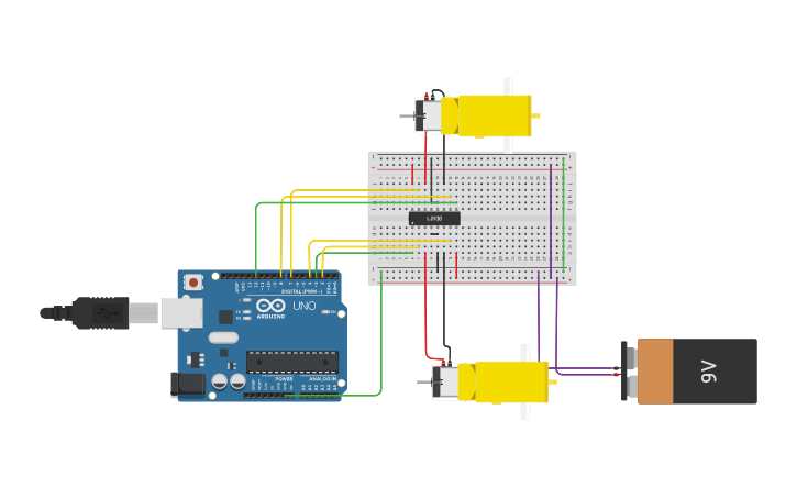 Circuit design PuenteH con dos motores | Tinkercad