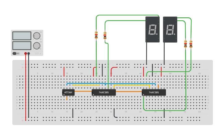 Circuit design Attiny85 74HC595 7 Segment Cascade - Tinkercad