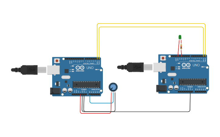 Circuit design comando entre arduinos - Tinkercad