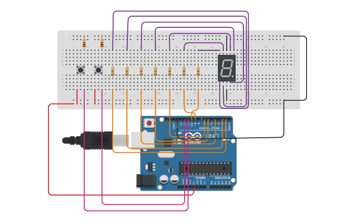 Circuit design Incrementa e decrementa display a 7 segmenti | Tinkercad