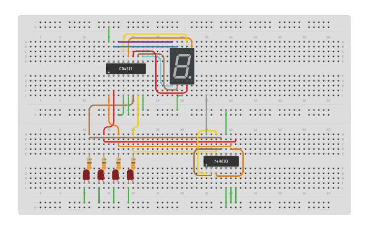 Circuit design 7490 up counter mod. 10 | Tinkercad