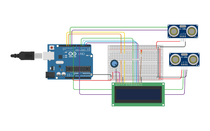 Circuit design Distance measurement using ultrasonic sensor - Tinkercad