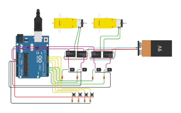 Circuit design motores con pulsadores y funciones - Tinkercad