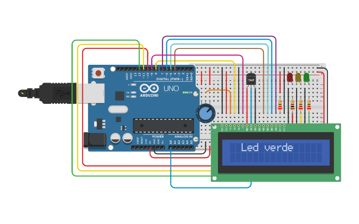 Circuit design LED_SENSOR_TEMP_LCD | Tinkercad