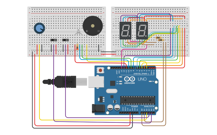Circuit design Led, 7 Seg and Sound Control - Tinkercad