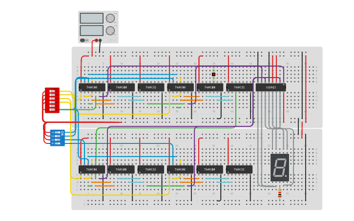 Circuit design Parallel Adder Subtractor with BCD 7 Segment Display - Tinkercad