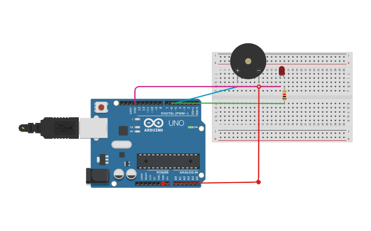 Circuit design LED and Buzzer - Tinkercad