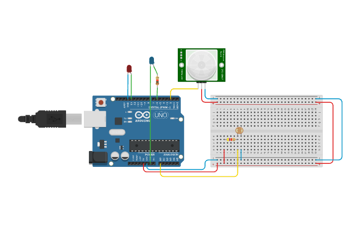 Circuit design Copy of Copy of PIR Sensor and Photoresistor - Tinkercad Circuit design Copy of Copy of PIR Sensor and Photoresistor - Tinkercad