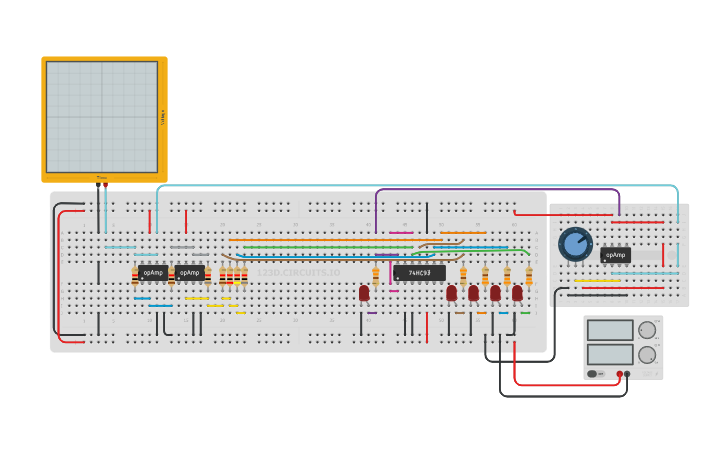 Circuit design 74HC93 binary counter with digital to analog | Tinkercad