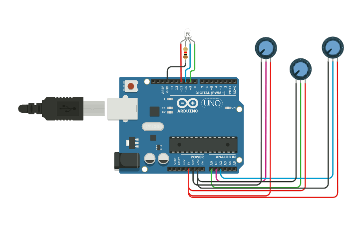 Circuit design RGB potentiometer - Tinkercad Circuit design RGB potentiometer - Tinkercad