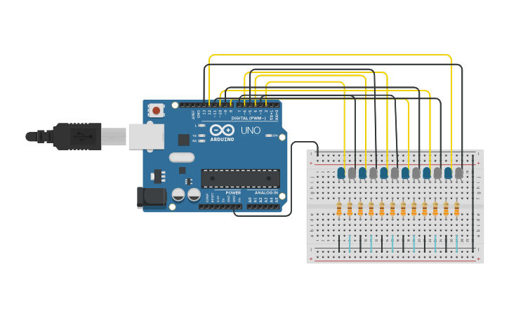 Circuit design Secuencia de LED con la instrucción FOR - Tinkercad