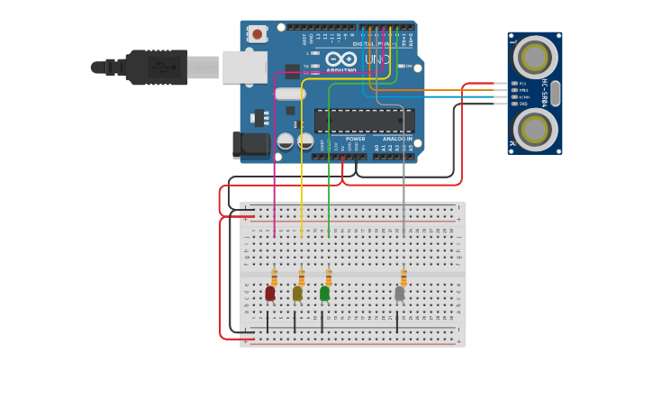 Circuit design Sensor_Ultrassonico_+_3-LEDs - Tinkercad