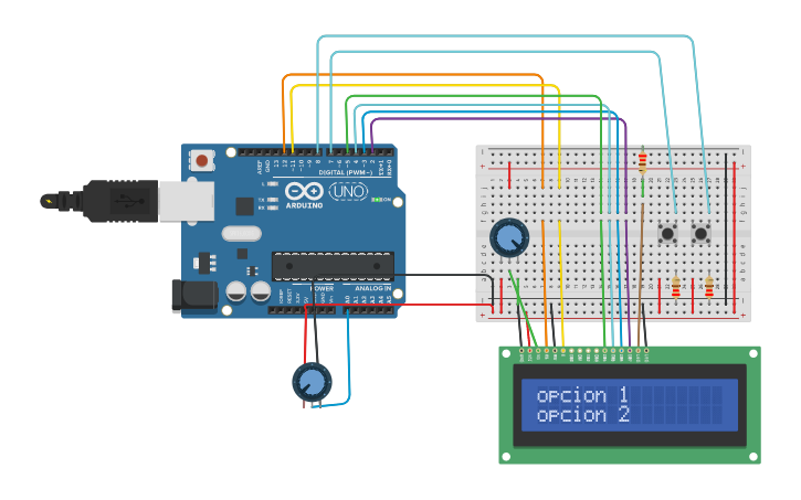 Circuit design coneccion lcd potenciometro y dos botones - Tinkercad