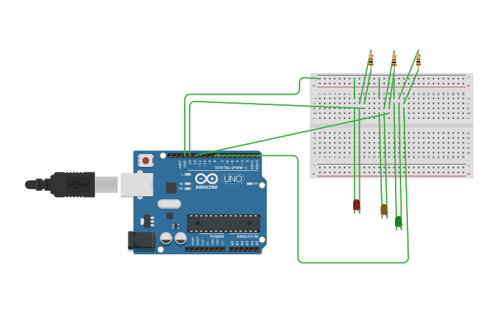Circuit design 3 LED Blinking Lights - Tinkercad
