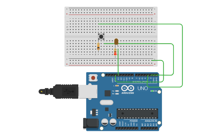 Circuit design Montaje en Tinkercad con tarjeta Arduino Uno, pulsador y LED - Tinkercad