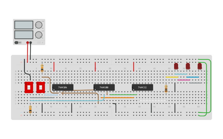 Circuit design ITTVT 4AET G.CAROSI accensione di 3 led con porte logiche - Tinkercad
