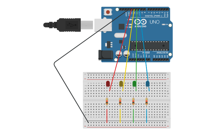 Circuit design Cuatro leds - Tinkercad