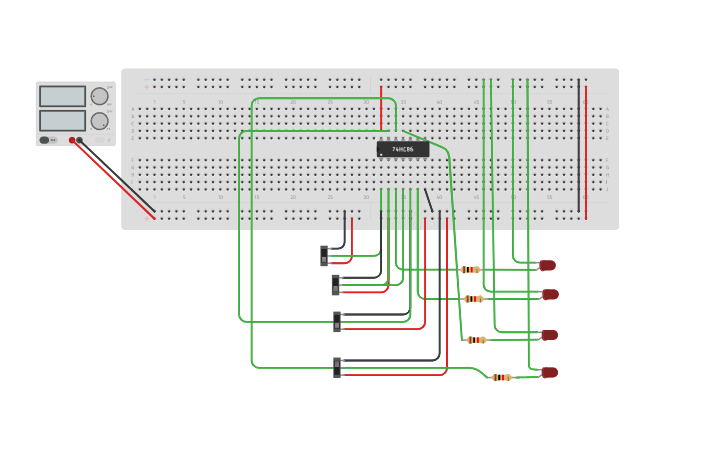 Circuit design EXP 5 BINARY TO GRAY CODE CONVERTER - Tinkercad