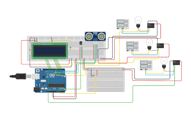 Circuit design Pendeteksi Jarak dan Ruangan Dengan 3 Sensor - Tinkercad Circuit design Pendeteksi Jarak dan Ruangan Dengan 3 Sensor - Tinkercad