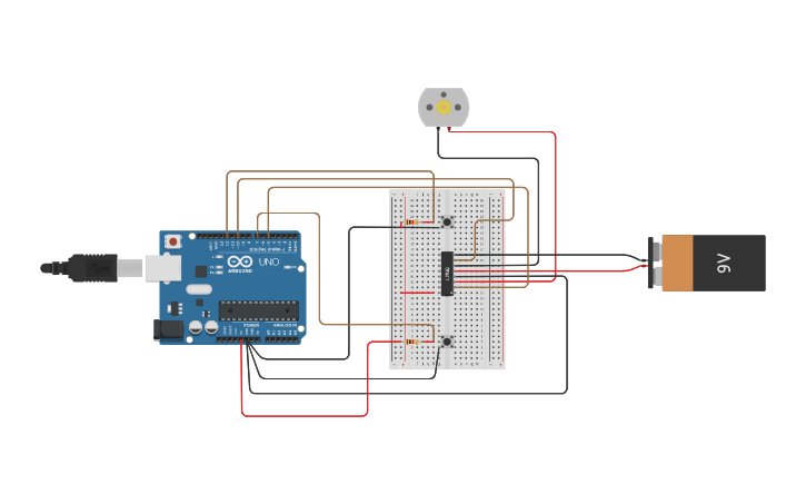 Circuit design Moteur CC avec 2 boutons - Tinkercad