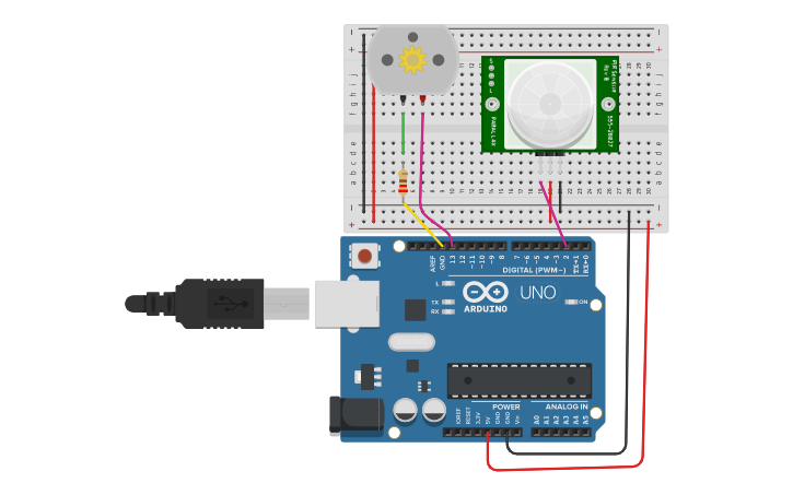 Circuit design DC motor by using PIR sensor - Tinkercad
