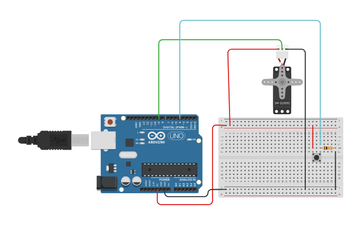 Circuit design Servomotor con pulsador en Tinkercad - Tinkercad
