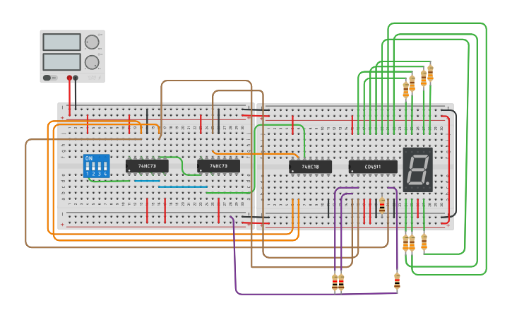 Circuit Design Mod 7 Ripple Up Counter With 7 Segment Dispaly Tinkercad
