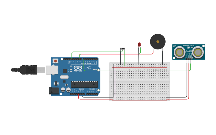 Circuit design UltraSonic Sensor with Speaker and LED - Tinkercad