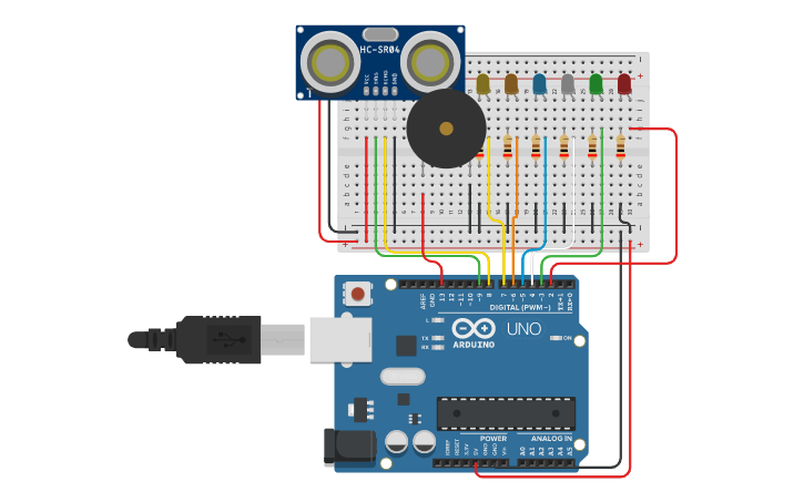 Circuit design Sensor de distancia - Tinkercad