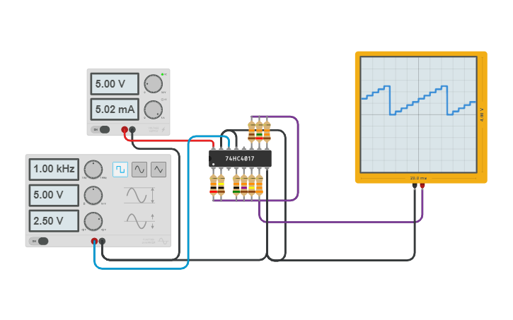 Circuit design Digital Saw-tooth generator (0-9)/45 *VCC - Tinkercad
