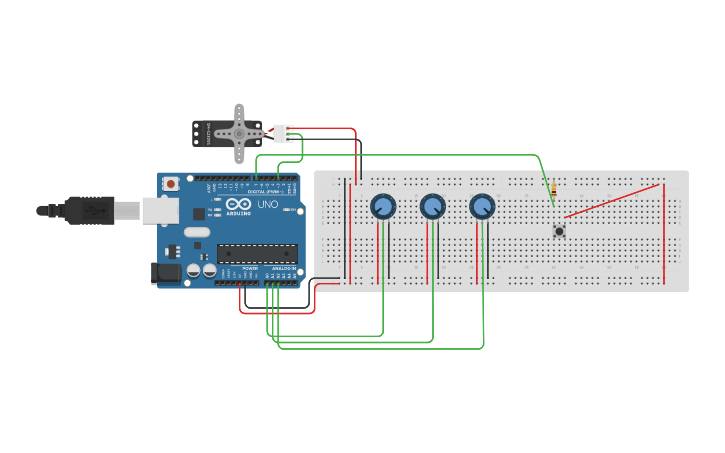 Circuit design COMBINATION SAFE USING POTENTIOMETERS | Tinkercad