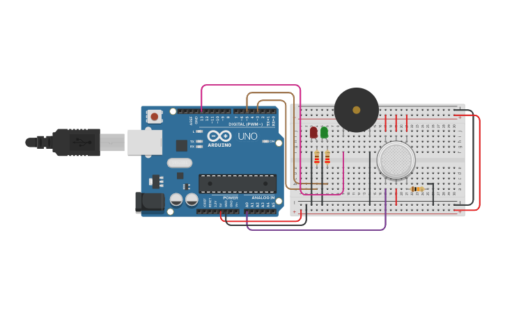 Circuit design Smoke detector with LED & Buzzer - Tinkercad