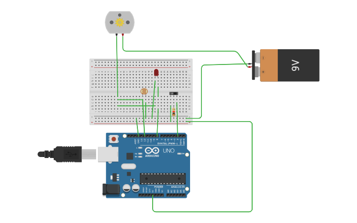 Circuit design Motor using Thermoresistor and switch - Tinkercad