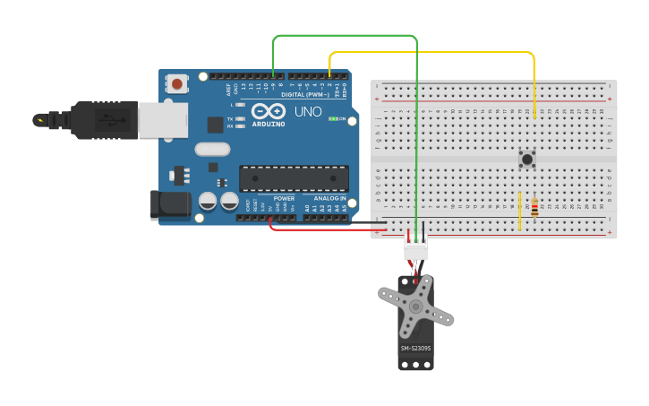 Circuit design servomotor y pulsador - Tinkercad