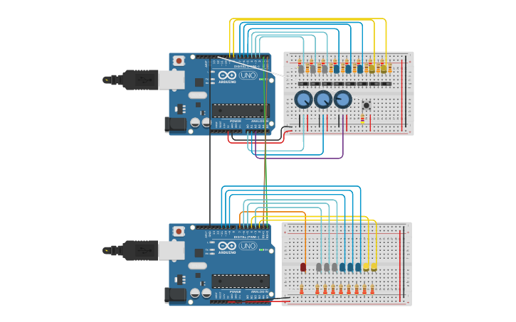 Circuit design Master-slave control via serial (8 output) - Tinkercad