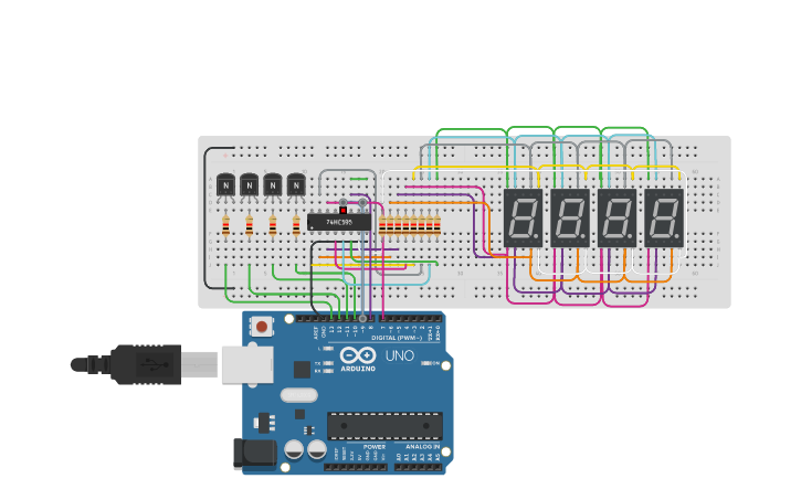 Circuit design 7-segment 4 digits 74HC595 - Tinkercad