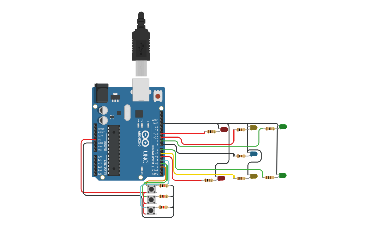 Circuit design Copy of TP 1: Dado Electrónico - Tinkercad