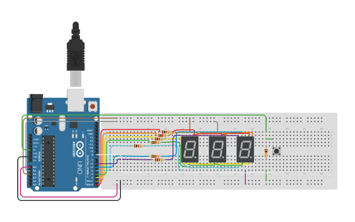 Circuit design Lab 02: Contador de 3 displays - Tinkercad