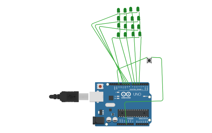 Circuit design 16 led+ tlačítko - Tinkercad
