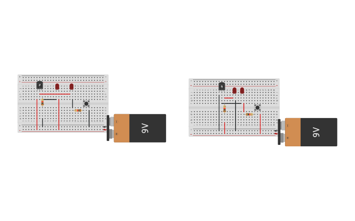 Circuit design n&p transistor change led 1 to 2 - Tinkercad