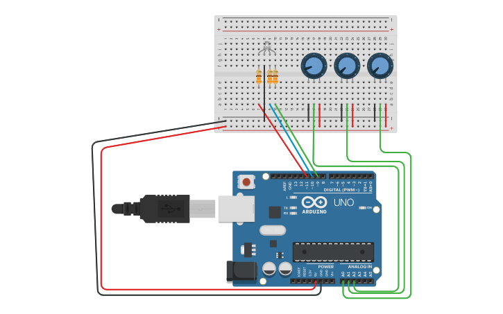 Circuit design Led RGB com 3 potenciometros | Tinkercad