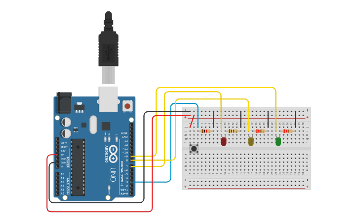 Circuit design Push-Button Stoplight - Tinkercad
