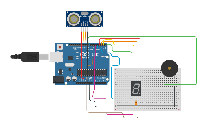 Circuit design Display de 7 Segmentos y sensor de Distancias - Tinkercad
